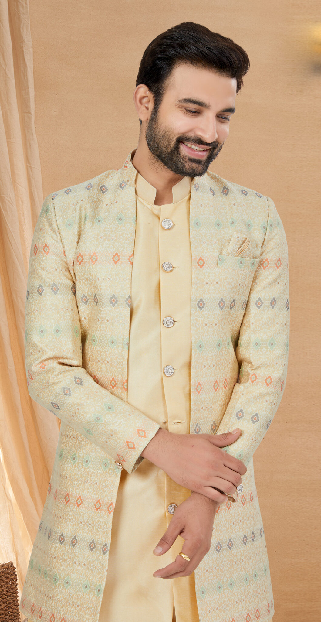 Marriage Kurta Pajama with Jacket for Wedding Beige Kurta Jacket